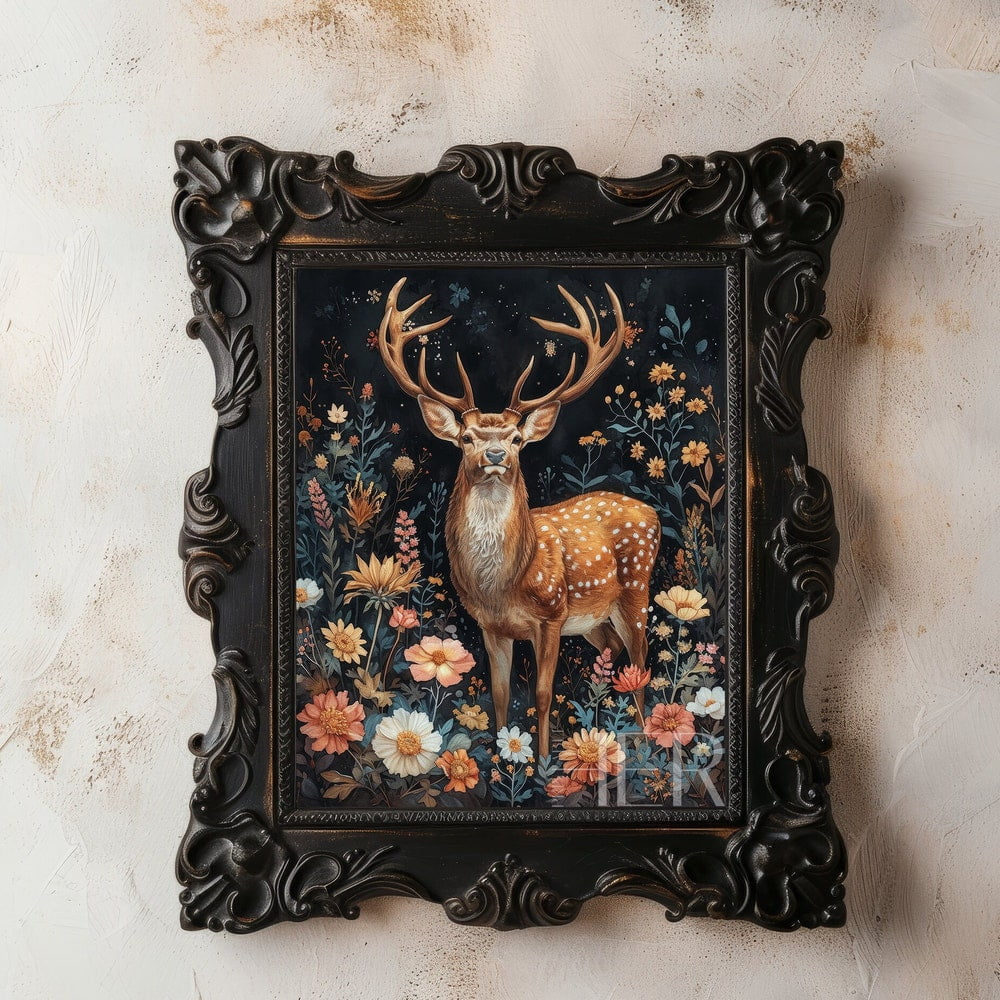 Kna Prints - Deer Flowers Meadow Dark Cottagecore Print Moody Botanical Decor Gothic Floral Wall ...