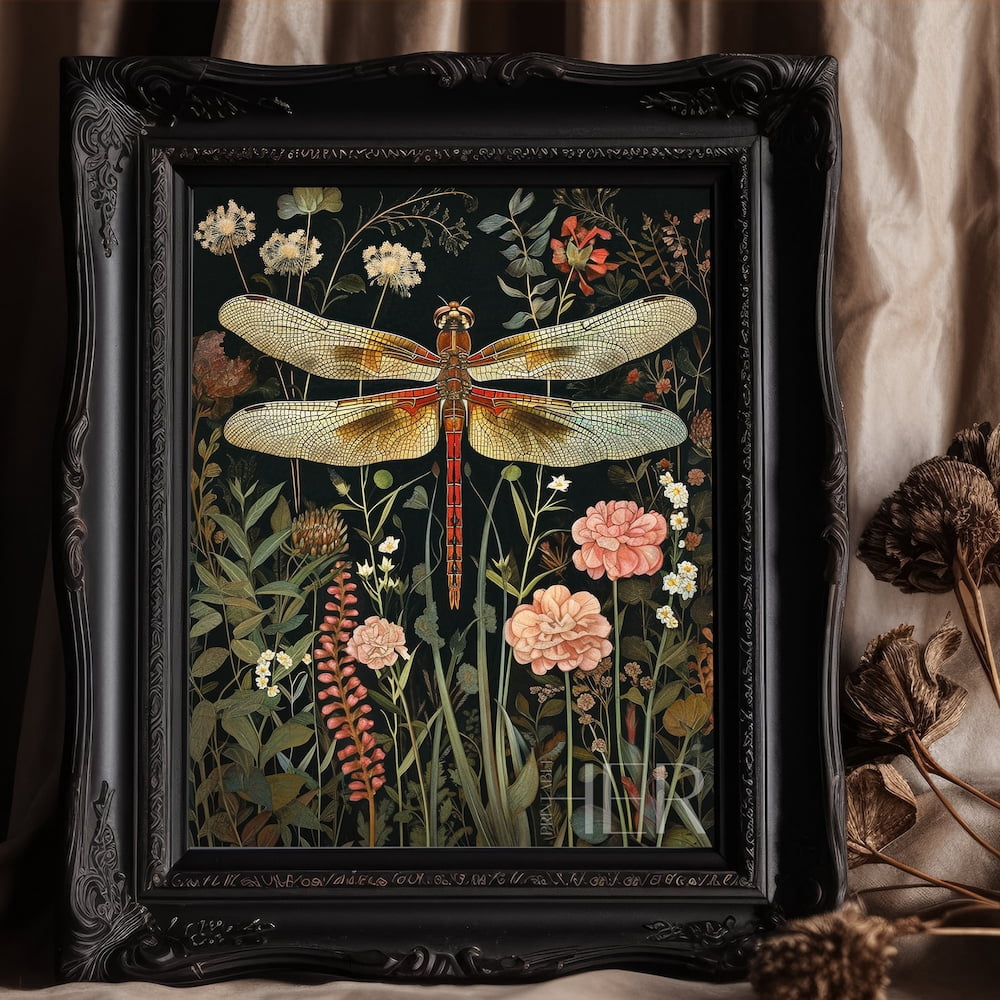 Kna Prints - Dragonfly And Flowers Dark Art Cottagecore Academia Gothic ...