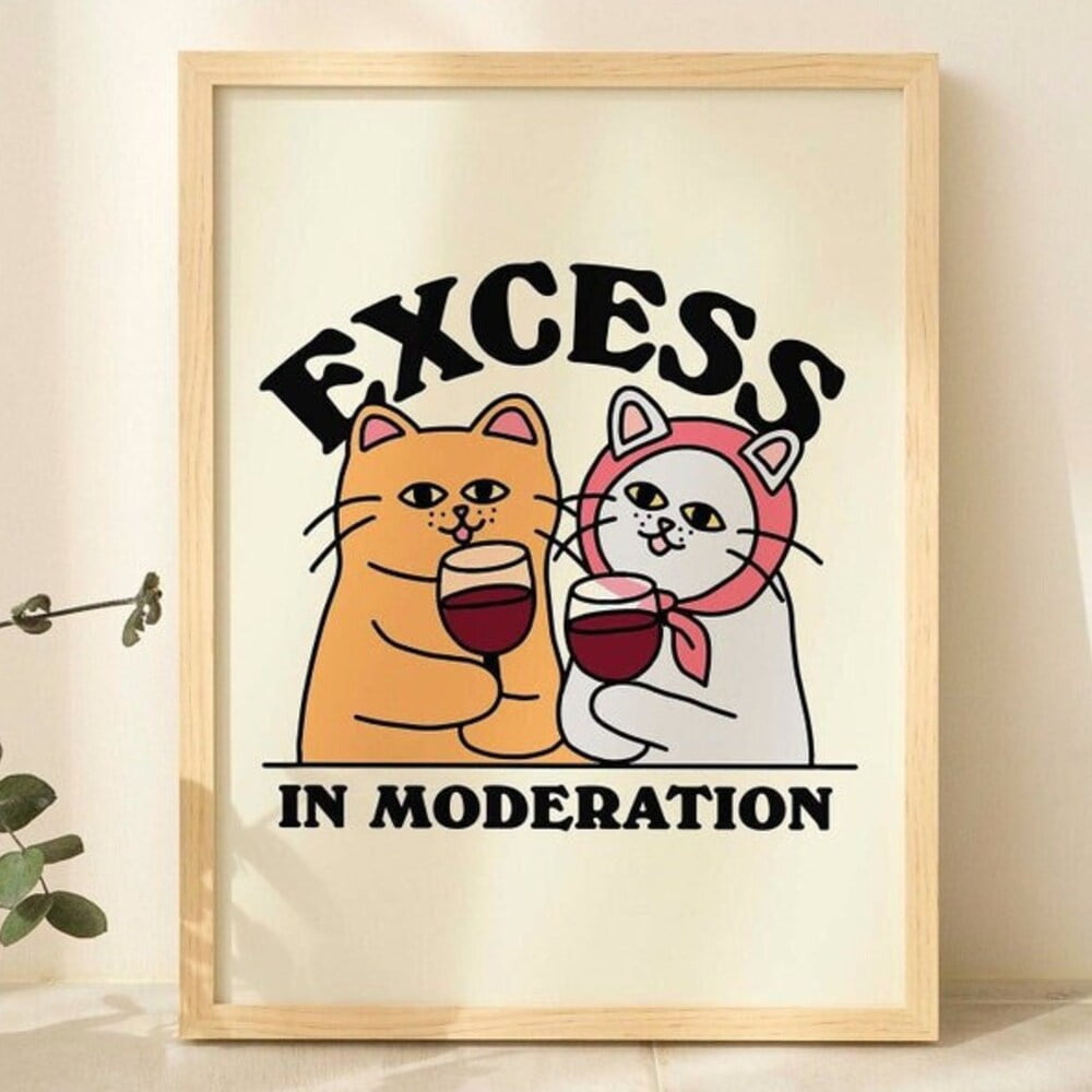 Kna Prints - Drunk Cats Wine Print, Retro Alcohol Poster, Excess ...