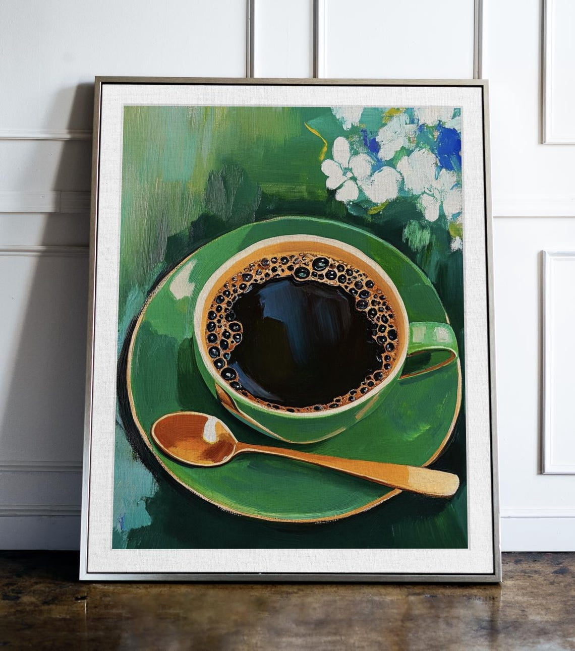 Kna Prints - Elegant Coffee Lovers Art Print: Green Floral Kitchen Wall ...