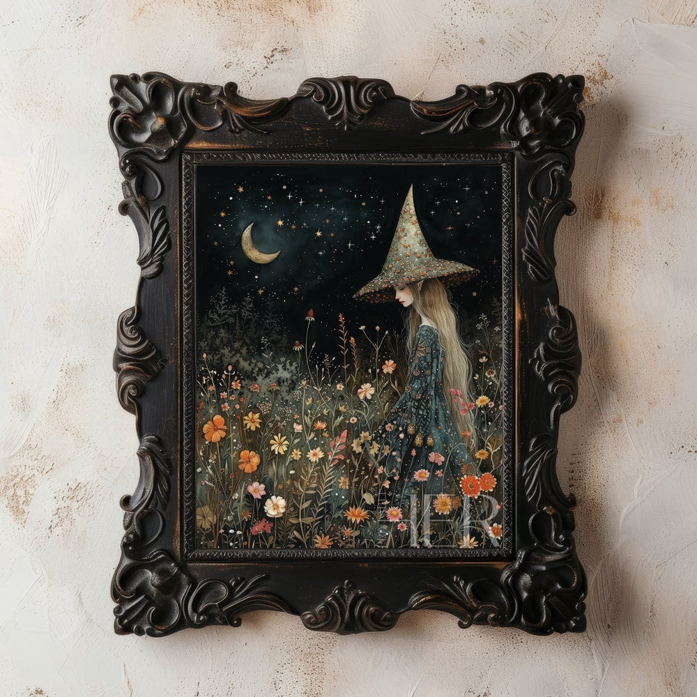 Kna Prints - Elf Witch In Meadow Night Sky Moon Dark Cottagecore Print ...