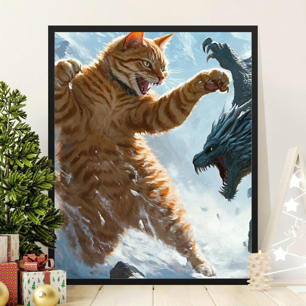 Kna Prints - Epic Battle Cat Vs Dragon Poster, Fantasy Poster Print ...