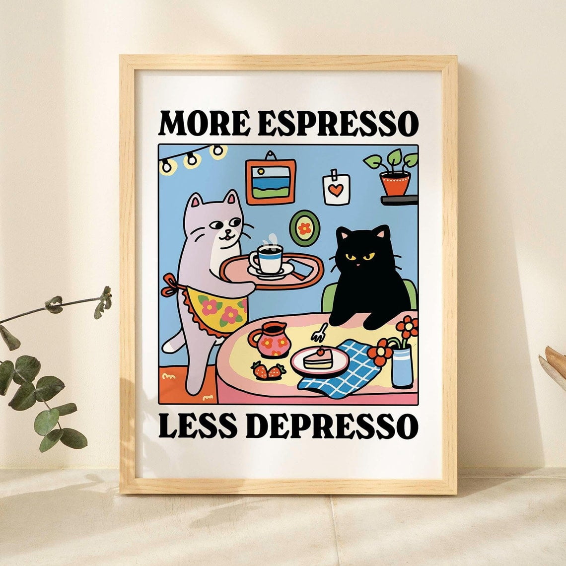 Kna Prints - More Espresso Less Depresso Black Cat Wall Print, Coffee ...