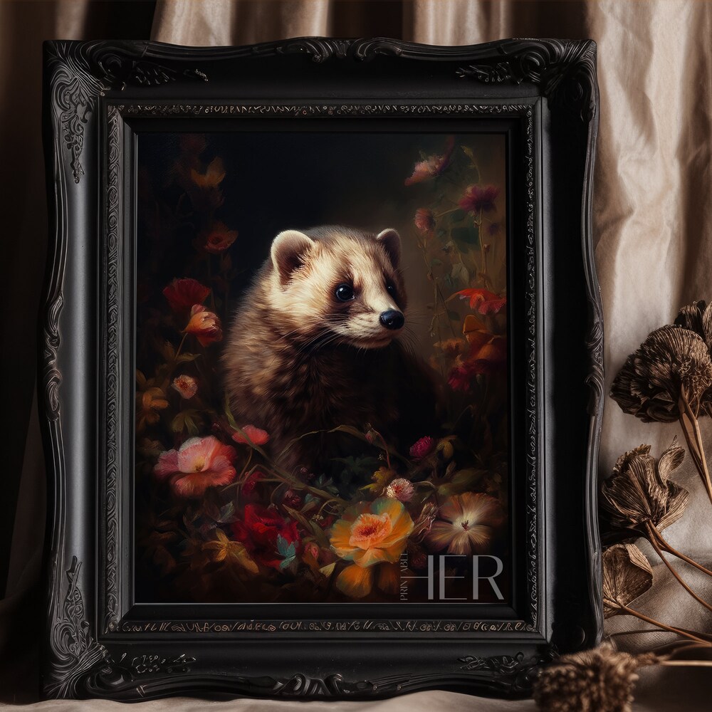 Kna Prints - Ferret & Flowers Forest Core Dark Cottagecore Academia ...