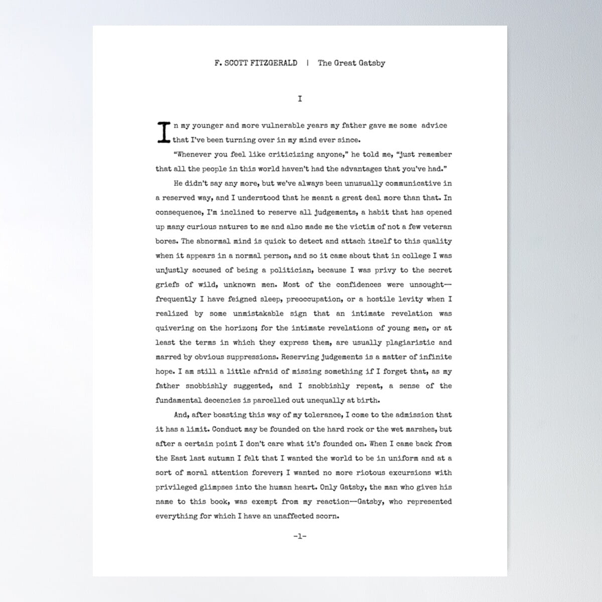 Kna Prints - First Page Of The Great Gatsby By Fitzgerald For Home ...