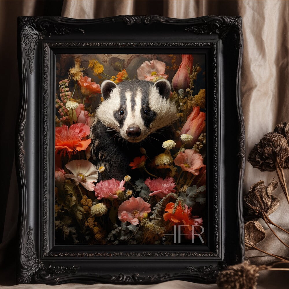 Kna Prints - Floral Badger Painting Dark Cottagecore Academia Gothic ...