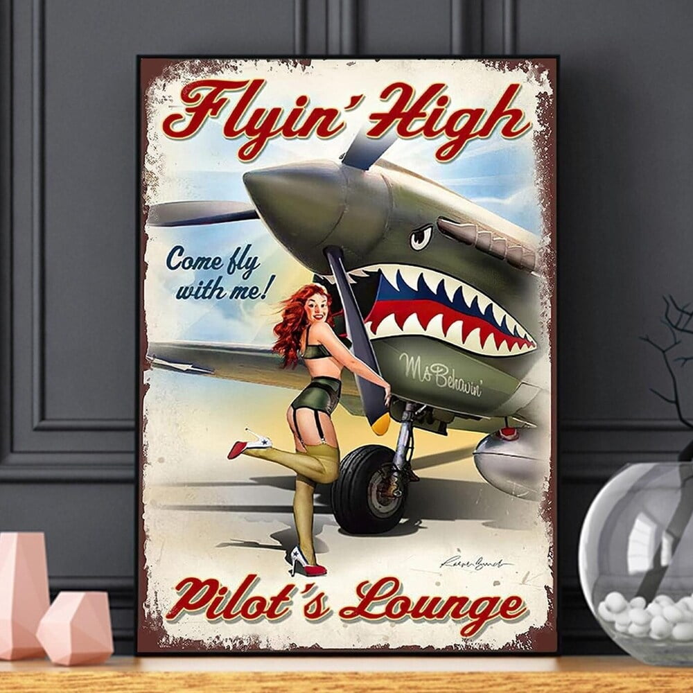 Kna Prints - Flyin' High Pilot'S Lounge Poster, Girl Flying High Wall Art, Aviation Poster, Bar ...