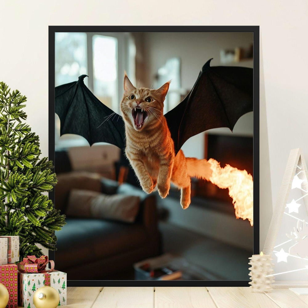 Kna Prints - Flying Fire-Breathing Cat Poster, Funny Cat Art, Unique ...