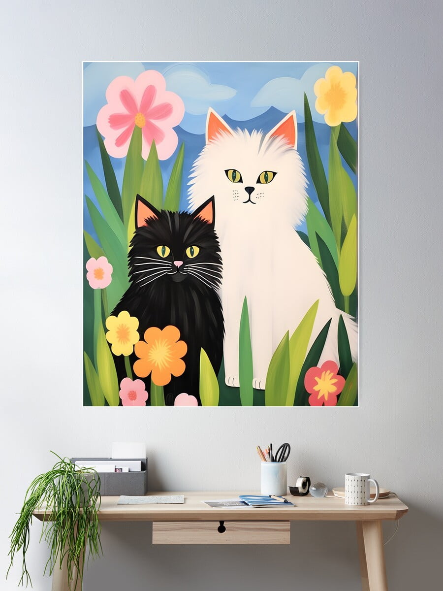 Kna Prints - Folk Art Cat Blossoms | Whimsical Kitty Art | Vibrant ...