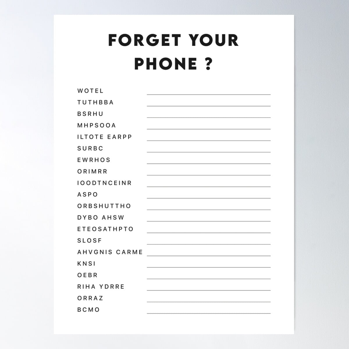 Kna Prints - Forget Your Phone ? Word Scramble Poster , UNFRAMED-24x36 ...