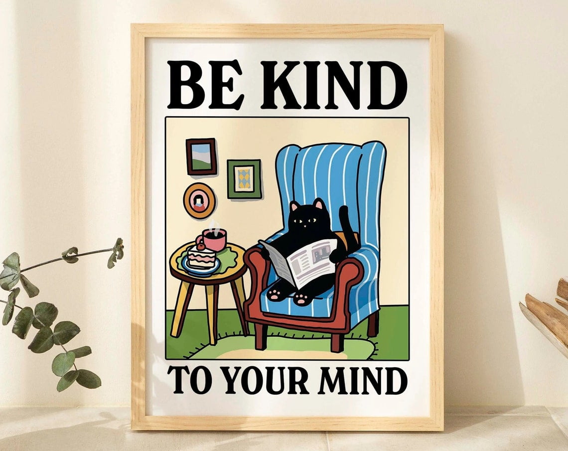 Kna Prints - Framed Be Kind Cat Print, Cute Black Cat Illustration, To ...
