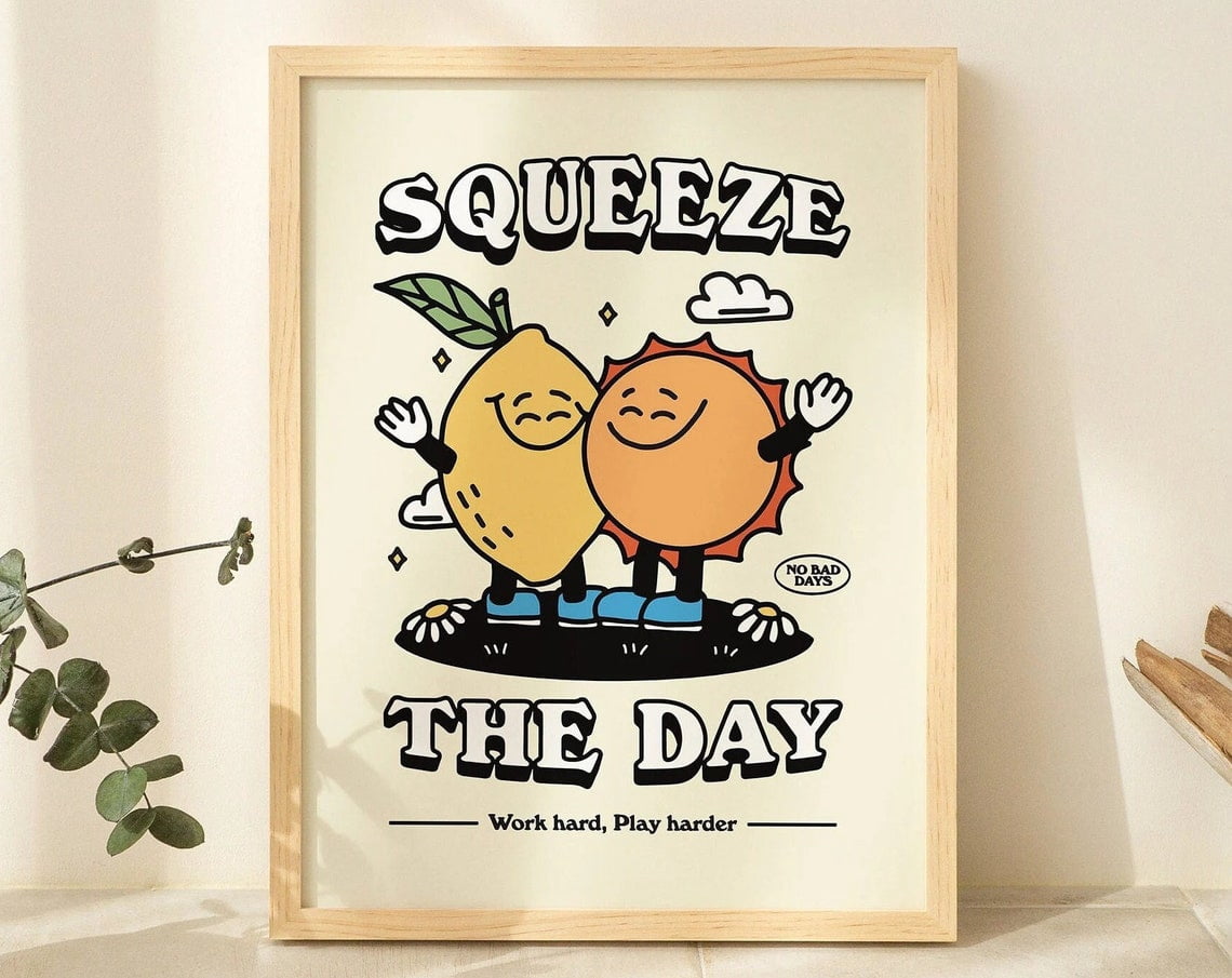Kna Prints - Framed Squeeze The Day Print, Retro Positivity Quote Wall ...