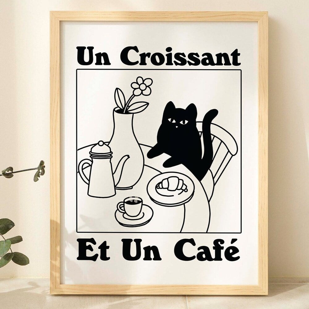 Kna Prints - French Cafe Croissant Cat Print, Retro Drink Poster ...