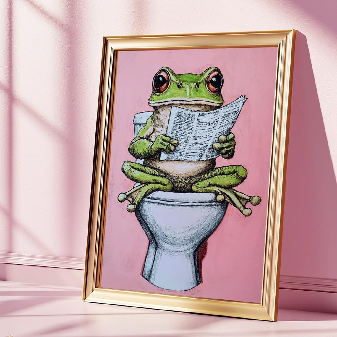 Kna Prints - Frog Reading Newspaper On Toilet, Humorous Bathroom Art ...