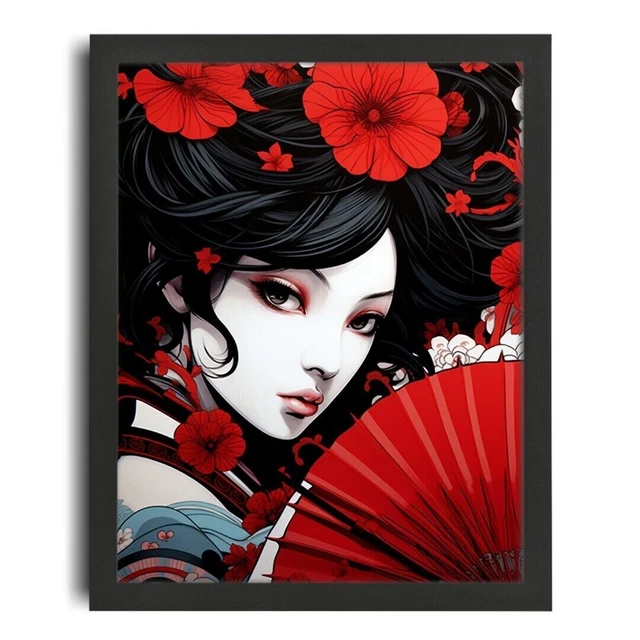 Kna Prints - Geisha Poster Red Flower Wall Art Japanese Home Decor ...