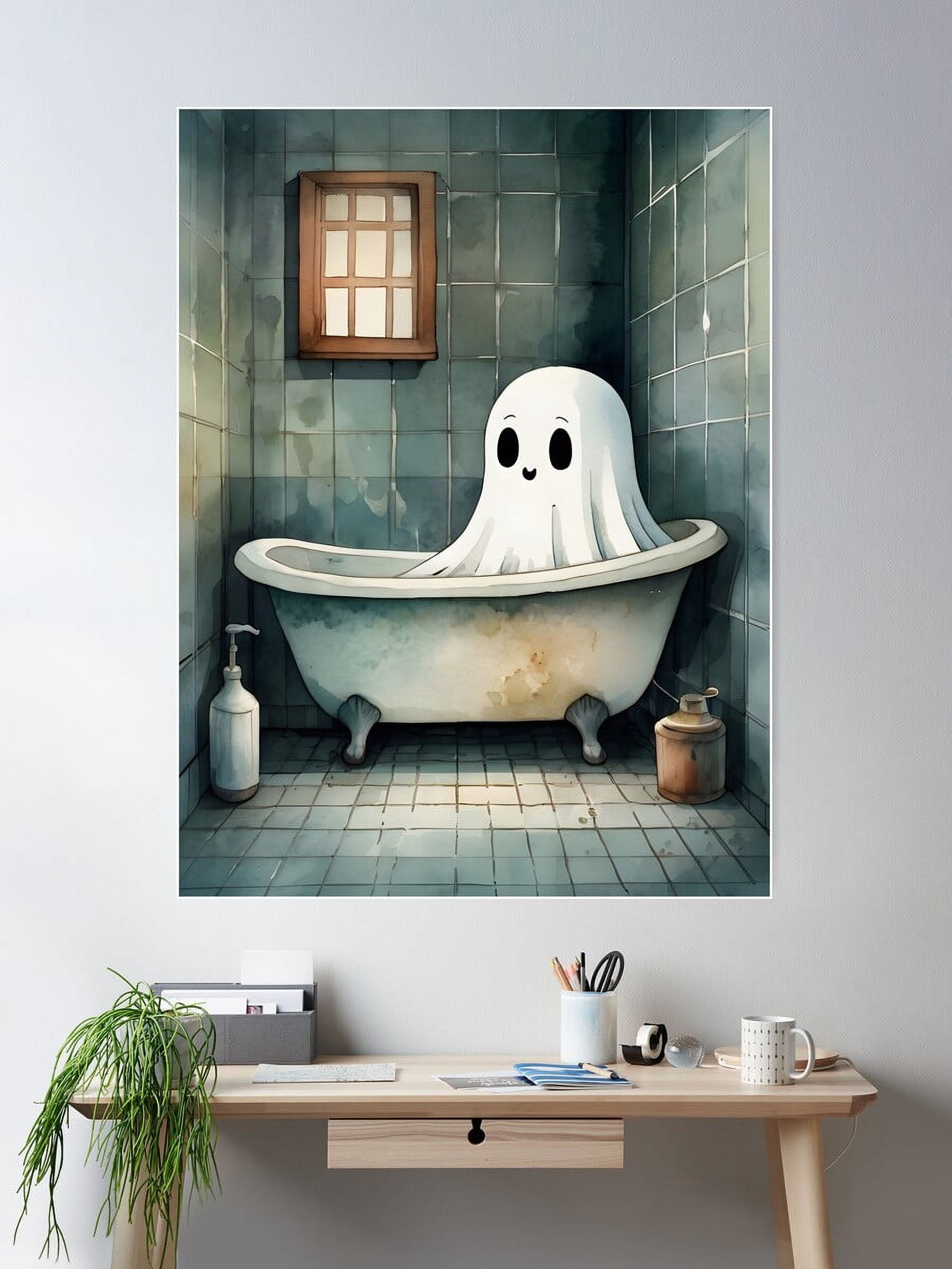 Kna Prints - Ghostly Soak: A Charming Bathroom Moment In Watercolor Poster, UNFRAMED-24x36 ...