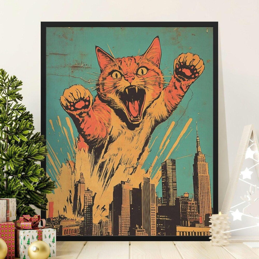 Kna Prints - Giant Cat Wall Art, Retro Cityscape Poster, Funny Cat ...