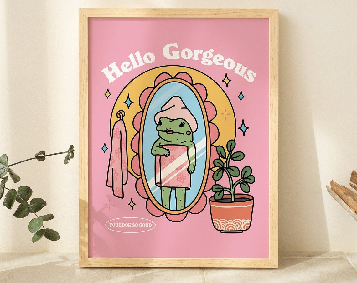 Kna Prints - Girly Frog Self Love Wall Print, Positivity Hello Gorgeous Quote, Pink Retro ...