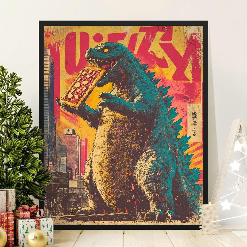 Kna Prints - Godzilla Eating Pizza Retro Poster, Vintage Monster Wall ...