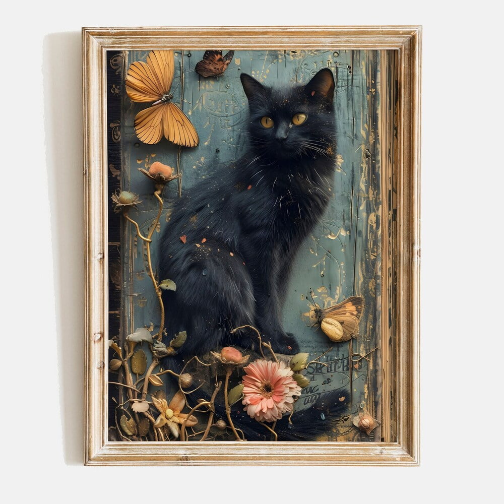 Kna Prints - Golden Eyes Black Cat Painting, Vintage Black Cat On A Book Cover, Victorian Dark ...