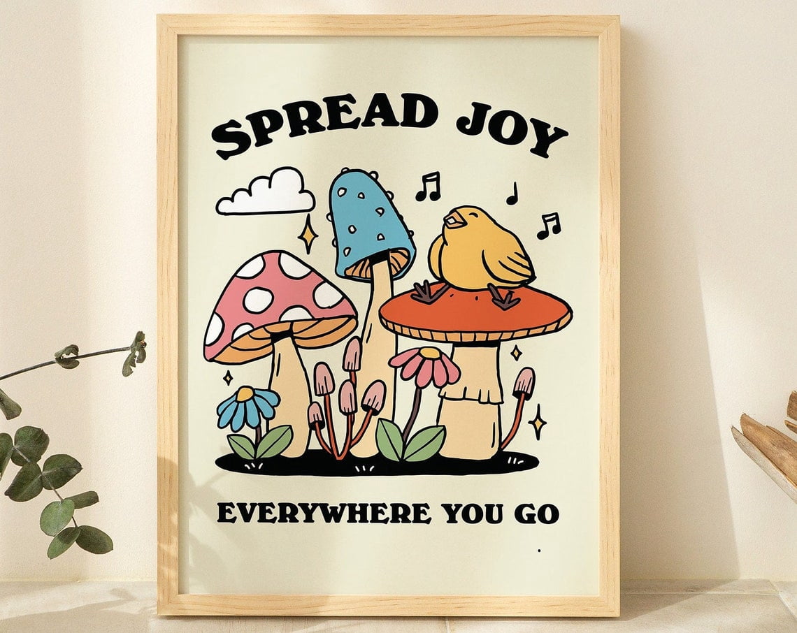 Kna Prints - Groovy Mushroom Print, Retro Cottagecore Wall Art, Happy ...