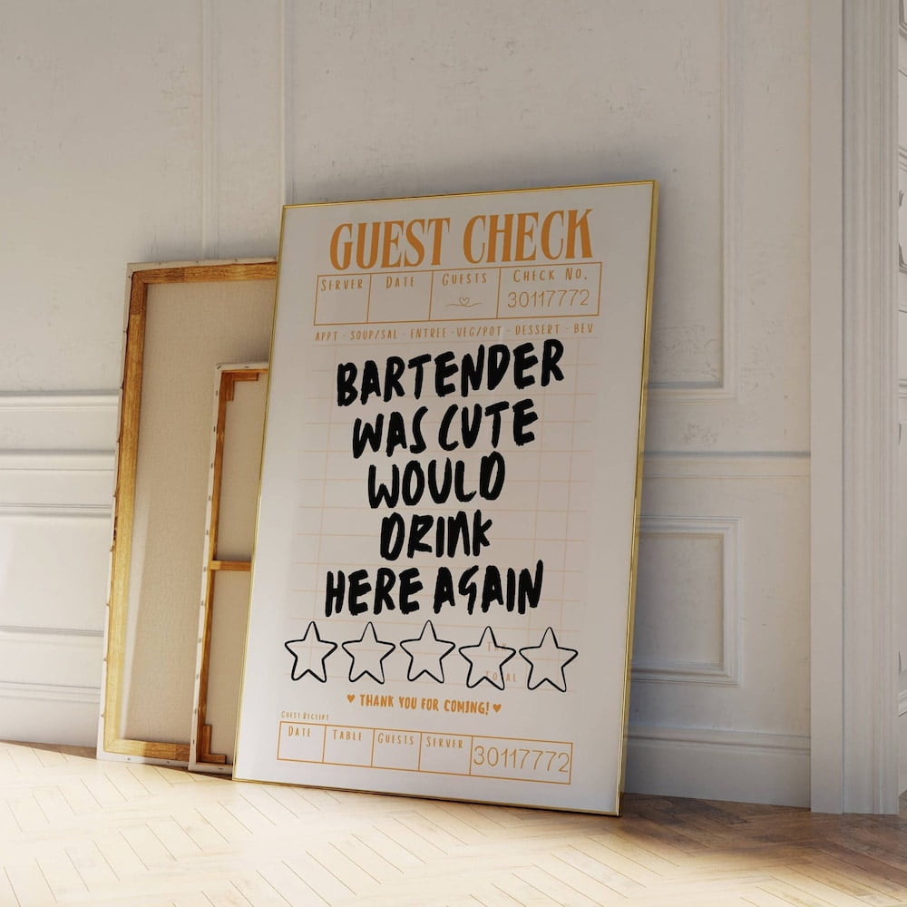 Kna Prints - Guest Check Receipt, Cute Bartender Poster, Retro Bar Cart Art Decor, Retro Guest ...