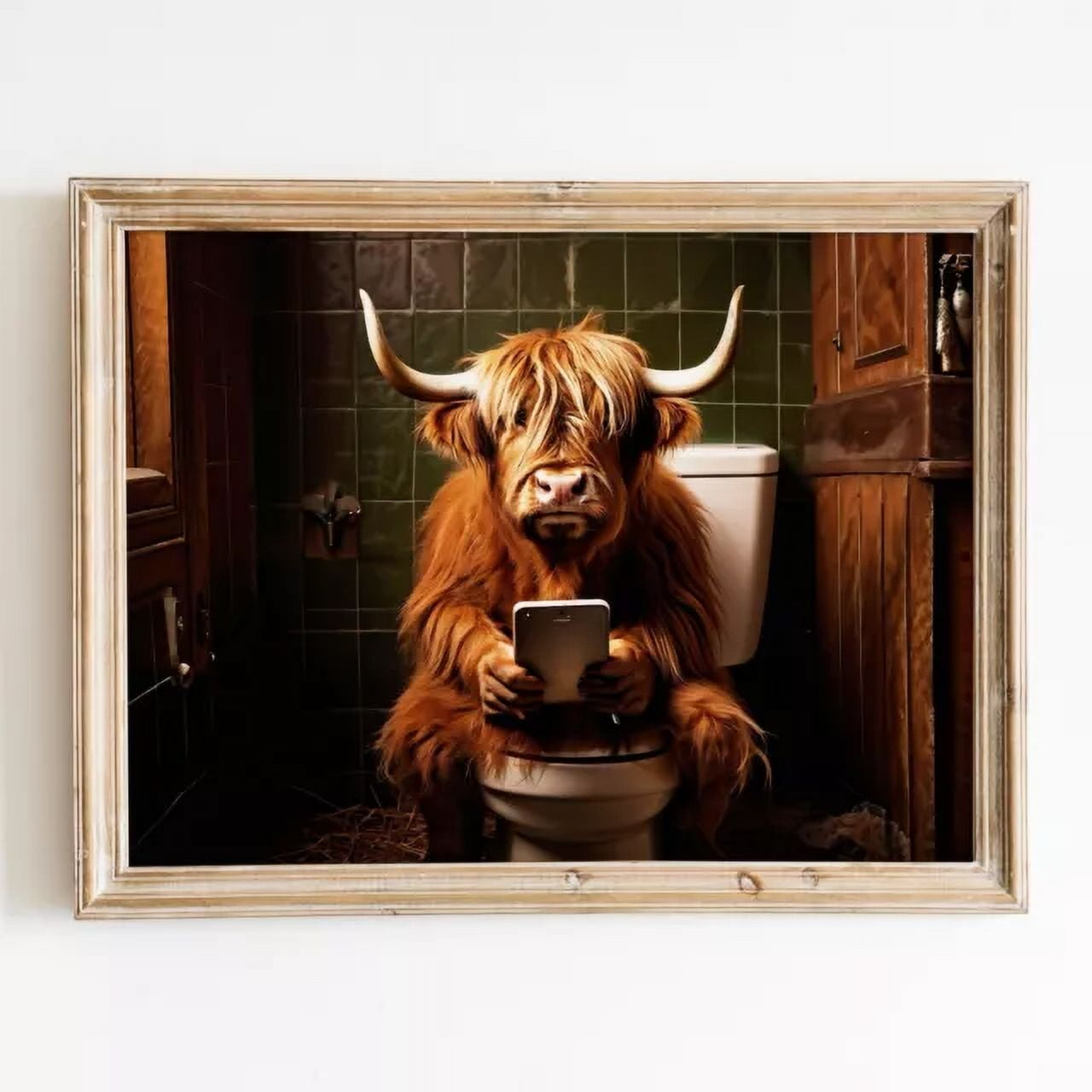 Kna Prints - Highland Cow On Phone On Toilet Funny Bathroom Animal Wall ...