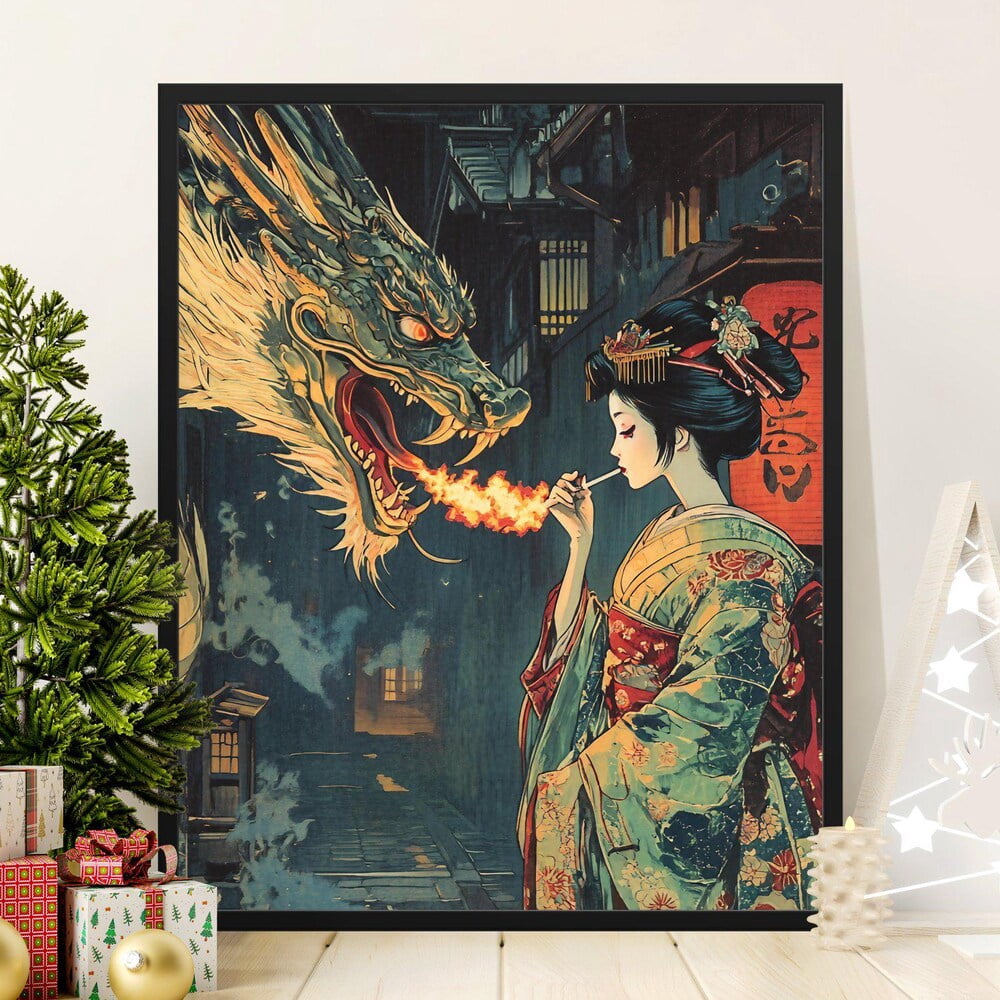 Kna Prints - Japanese Dragon Art Poster, Geisha Smoking Illustration ...