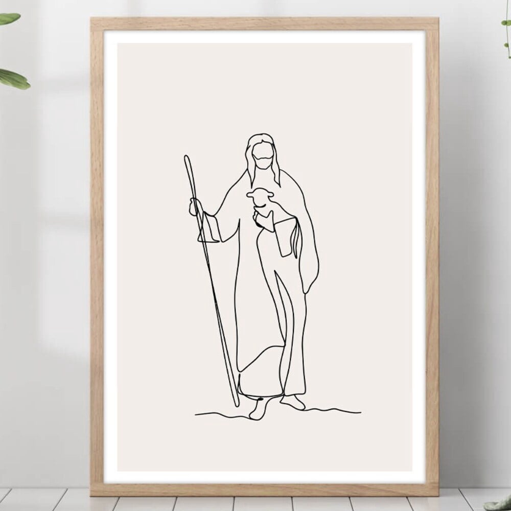 Kna Prints - Jesus Christ With A Lamb Line Art Drawing Print Christian ...