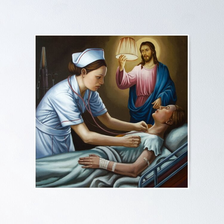 Kna Prints - Jesus And A Nurse. Nurse Attending To A Sick Person With ...