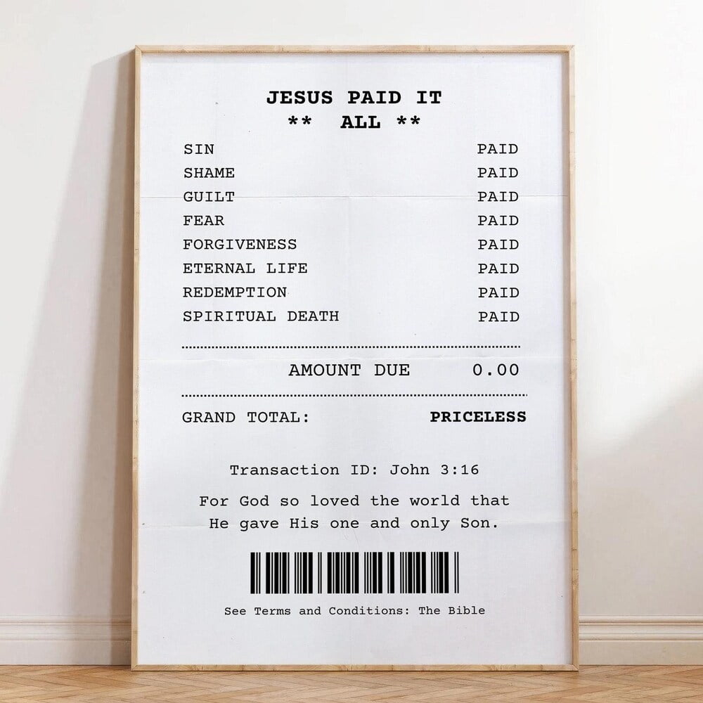 Kna Prints - Jesus Paid It All Receipt Wall Art John 3:16 Christian ...