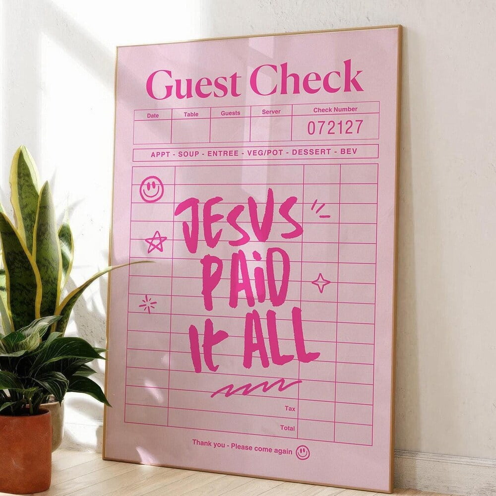 Kna Prints - Jesus Paid It All Wall Art Guest Check Print Pink Christian Wall Art Christian ...