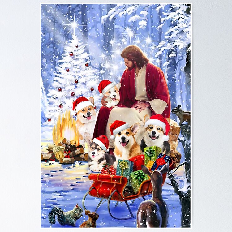 Kna Prints - Jesus Sitting With Corgis Christmas Or Corgi Lover Poster ...