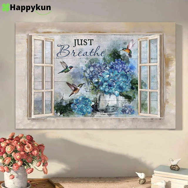 Kna Prints - Just Breathe Blue Hydrangea Green Hummingbird Window L Art ...