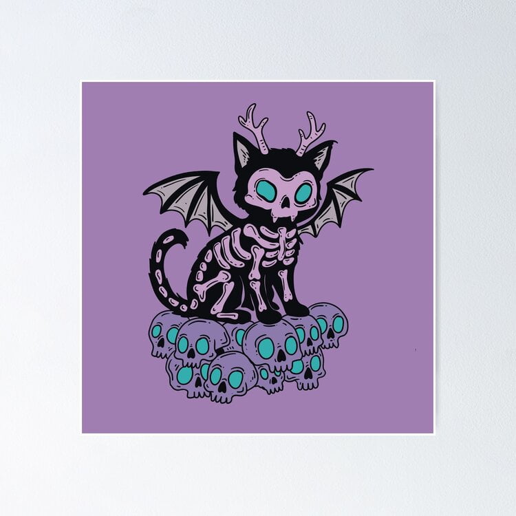 Kna Prints - Kir 2356 - Demonic Skeleton Cat On Skulls Cute But Cursed ...