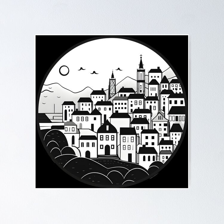 Kna Prints - Kir 2688 - Monochromatic Circular Townscape With Rolling Hills Poster, UNFRAMED ...