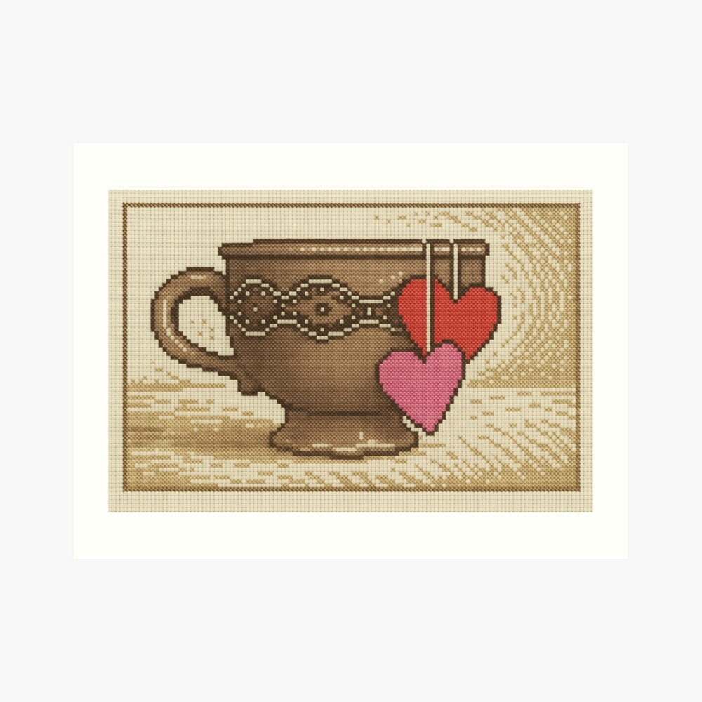 Kna Prints - Kir 2976 - Vintage Cross Stitch Teacup With Hanging Hearts ...