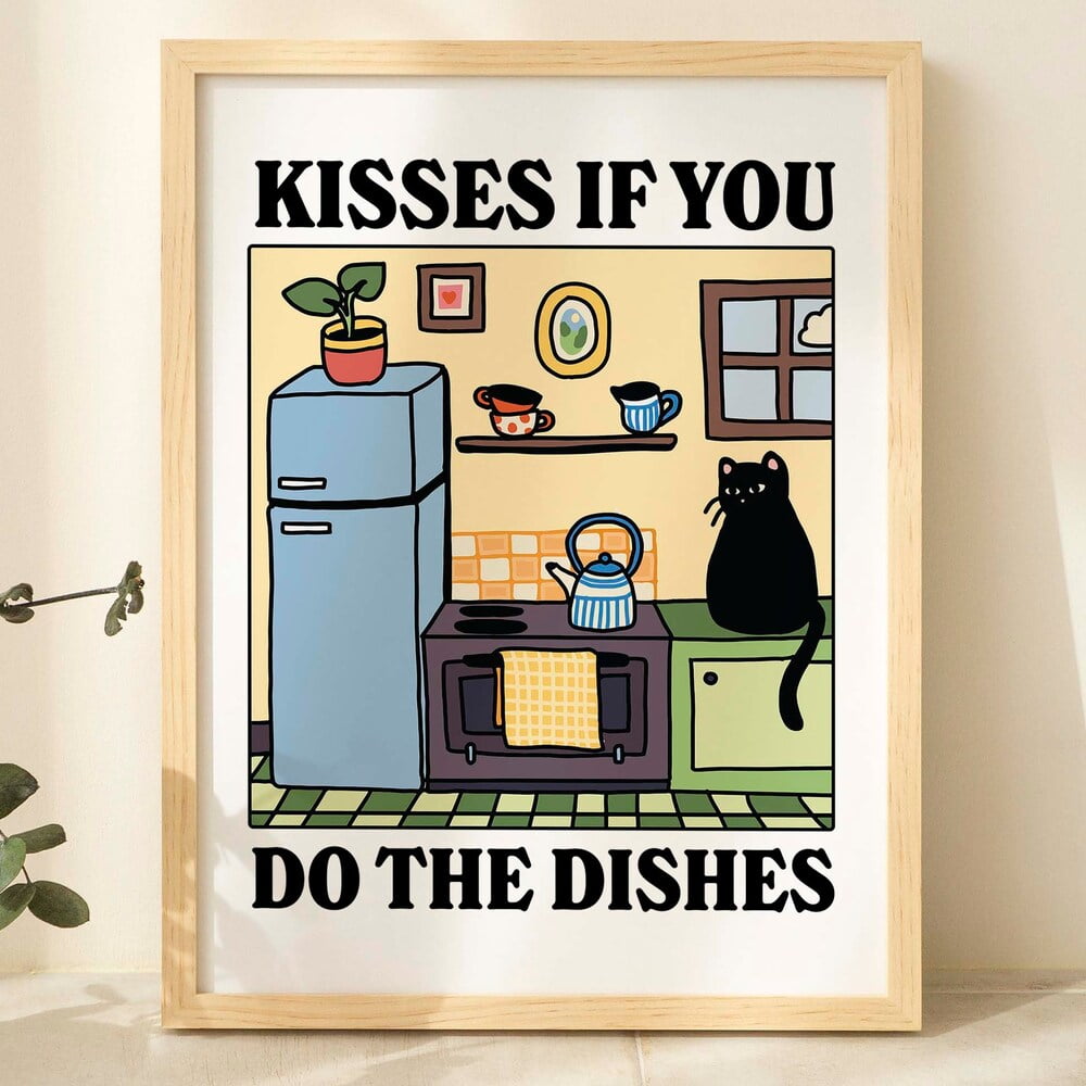 Kna Prints - Kisses If You Do The Dishes Cat Print, Retro Diner Poster ...