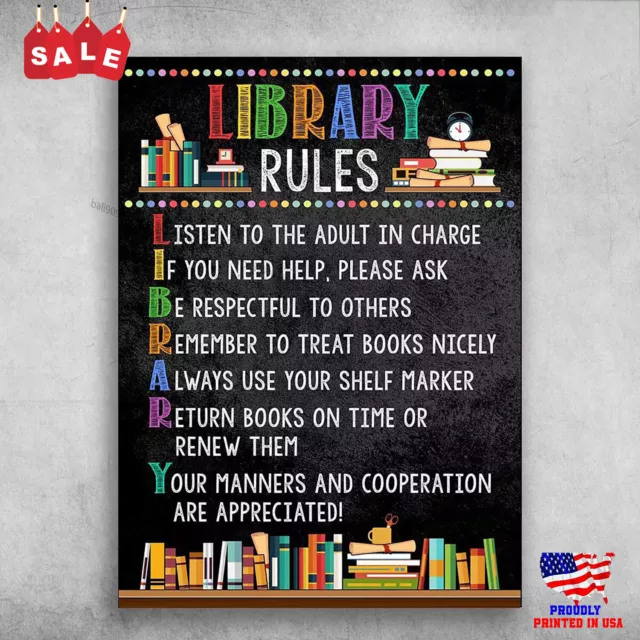 Kna Prints - Library Poster, Book Lover - Library Rules, Listen To The ...