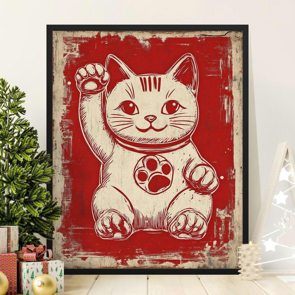 Kna Prints - Lucky Cat Japanese Art Poster, Maneki Neko Wall Decor ...