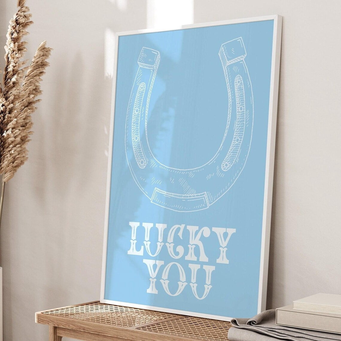 Kna Prints - Lucky You Western Horseshoe Art, Typography Light Blue ...