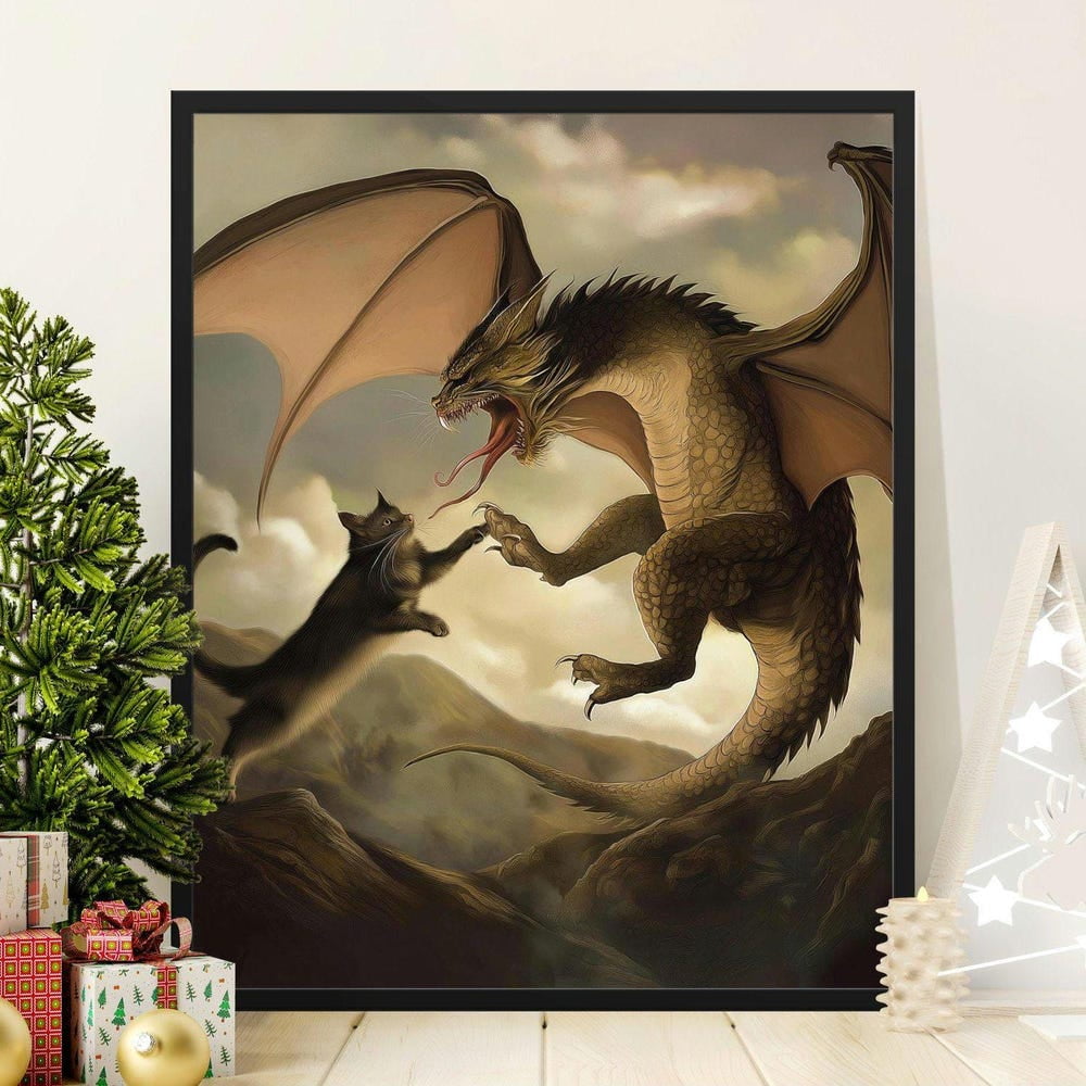 Kna Prints - Majestic Dragon Poster Wall Art, Cat And Dragon Battle ...