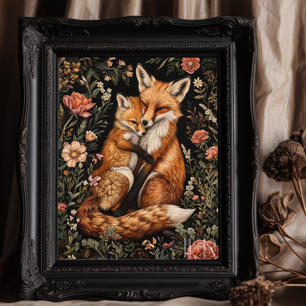 Kna Prints - Mama Fox With Baby Dark Forest Art Cottagecore Academia ...