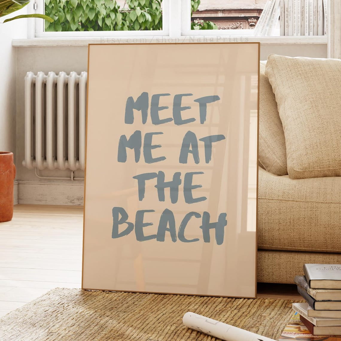 Kna Prints - Meet Me At The Beach Print Trendy Coastal Wall Art, Blue Typography Poster Beach ...