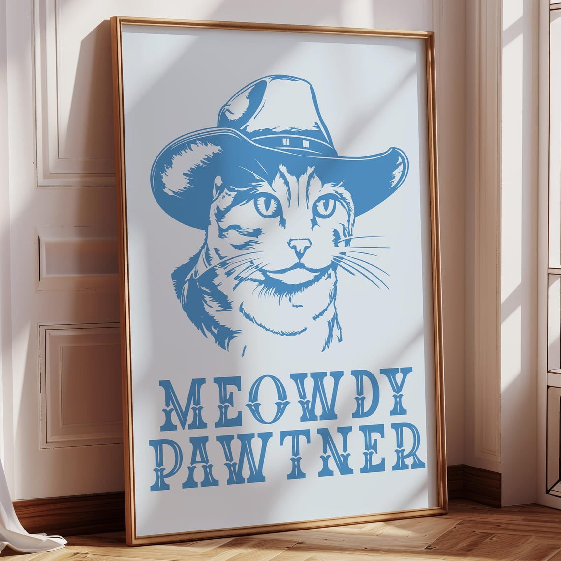 Kna Prints - Meowdy Partner Funny Cat Trendy Blue Wall Art Prints ...