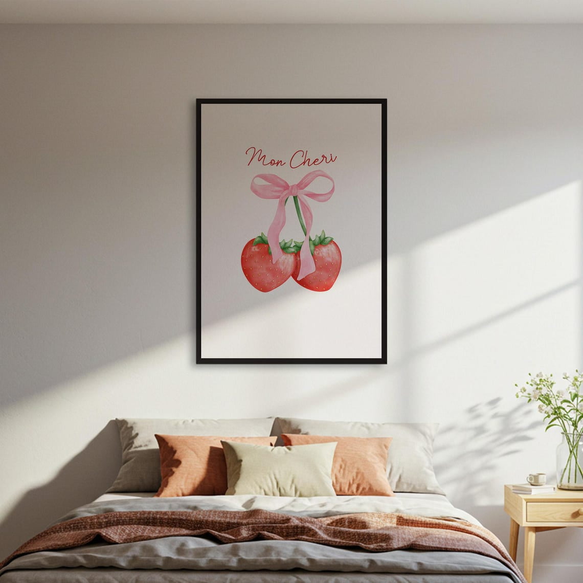 Kna Prints - Mon Cheri Strawberry Poster Print, Pink Bow Watercolor Fruit Art, Cute Coquette ...