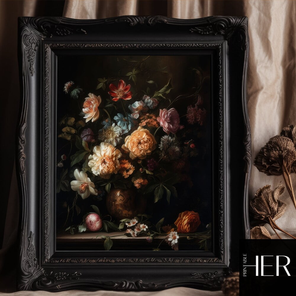 Kna Prints - Moody Flowers Brass Vase Dark Botanical Cottagecore ...