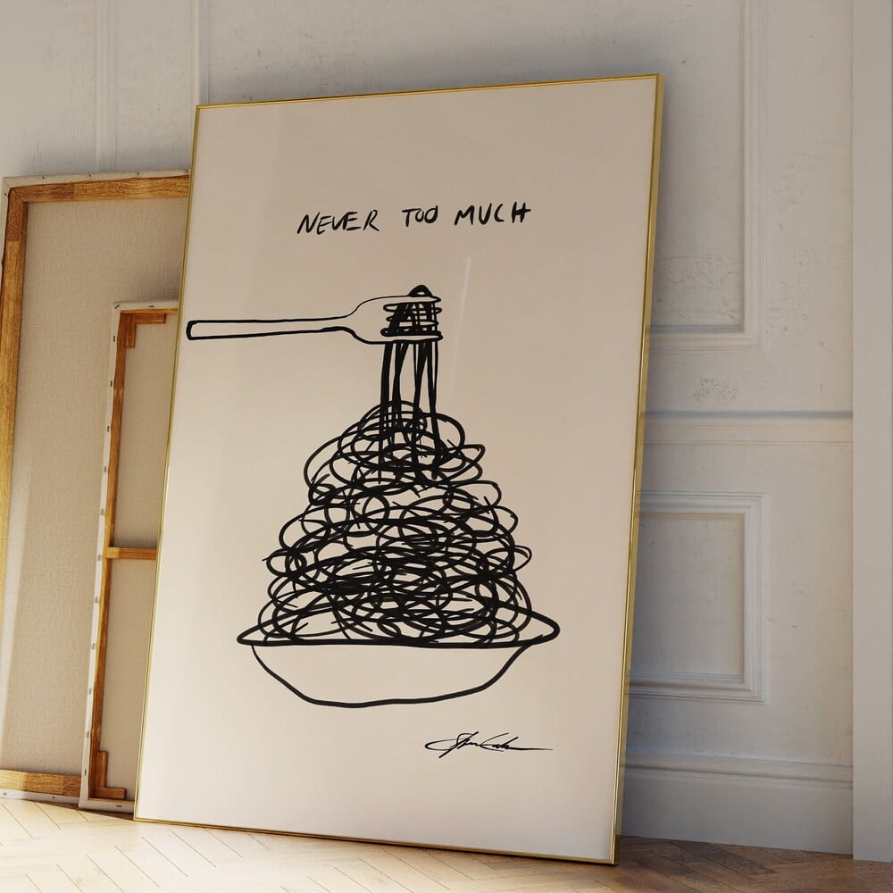 Kna Prints - Never Too Much, Spaghetti Poster, Retro Food Print, Modern ...