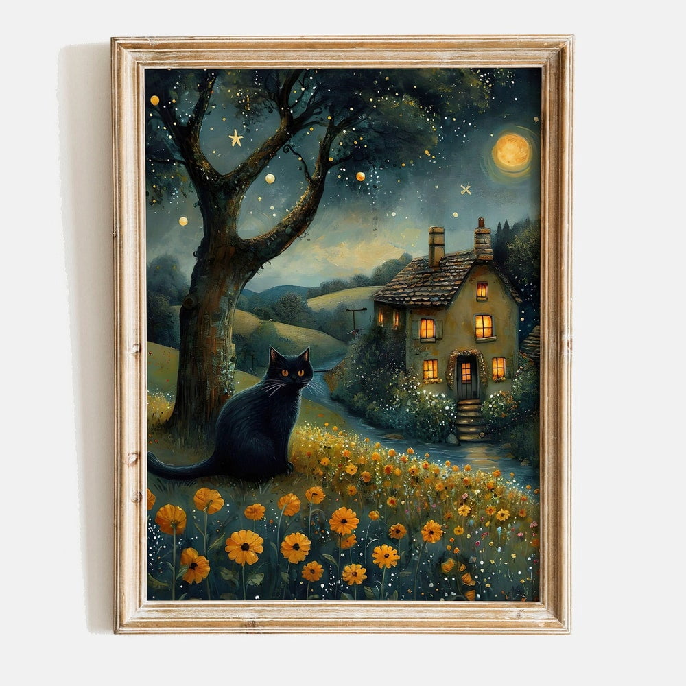 Kna Prints - Night Sky Black Cat Painting, Yellow Flowers Landscape ...