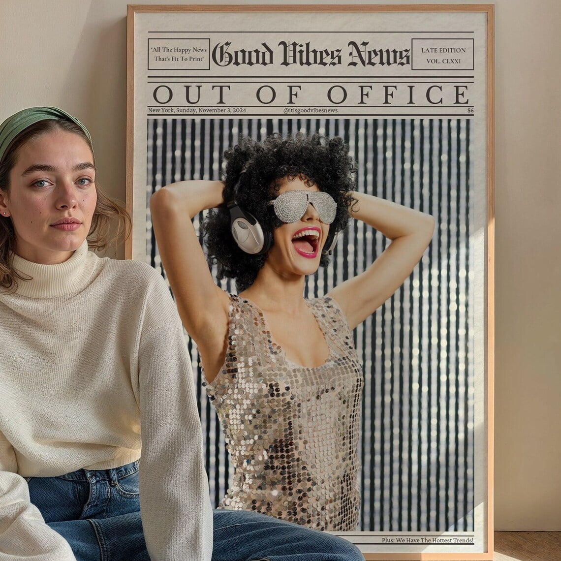 Kna Prints - Out Of Office Print, Trendy Retro Newspaper Wall Art Girly ...